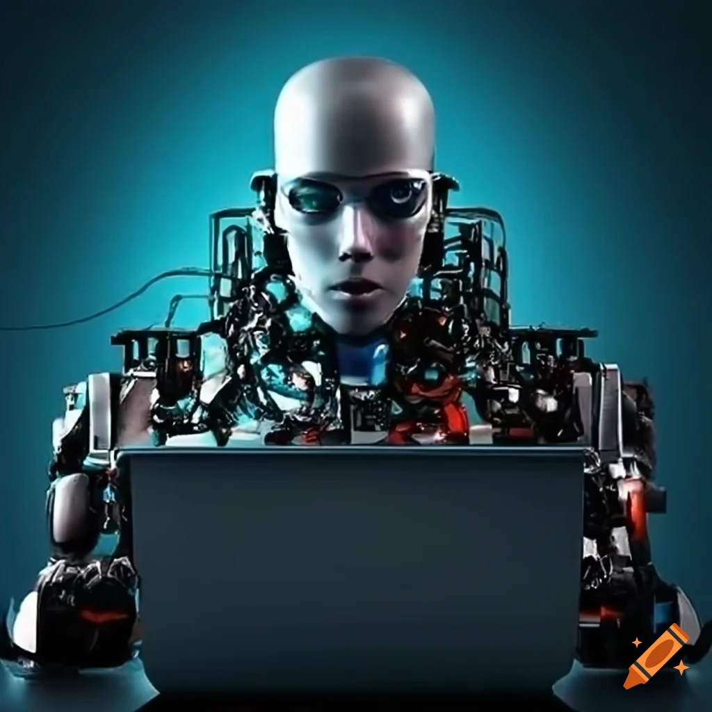 I would like a photo of a robot behind a computer on Craiyon