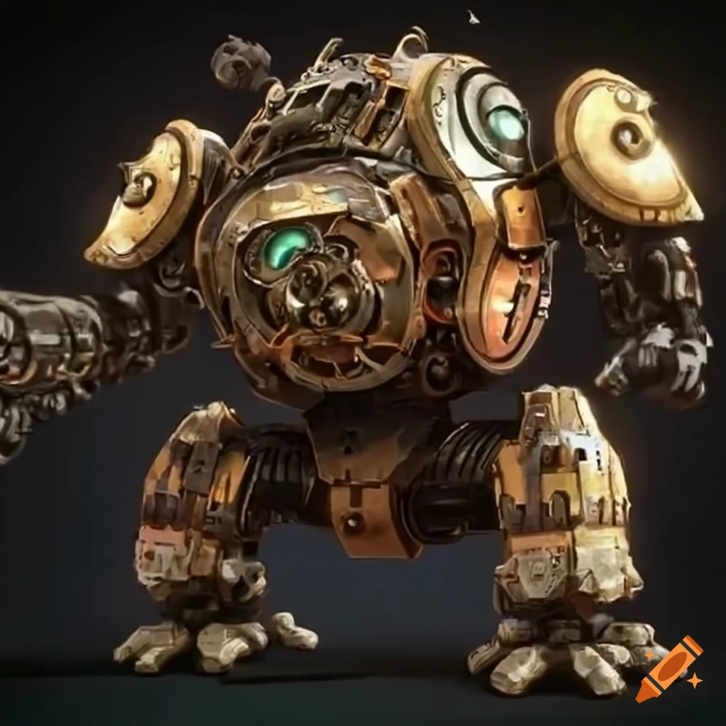 Steampunk-inspired mech with advanced energy source, ready for battle