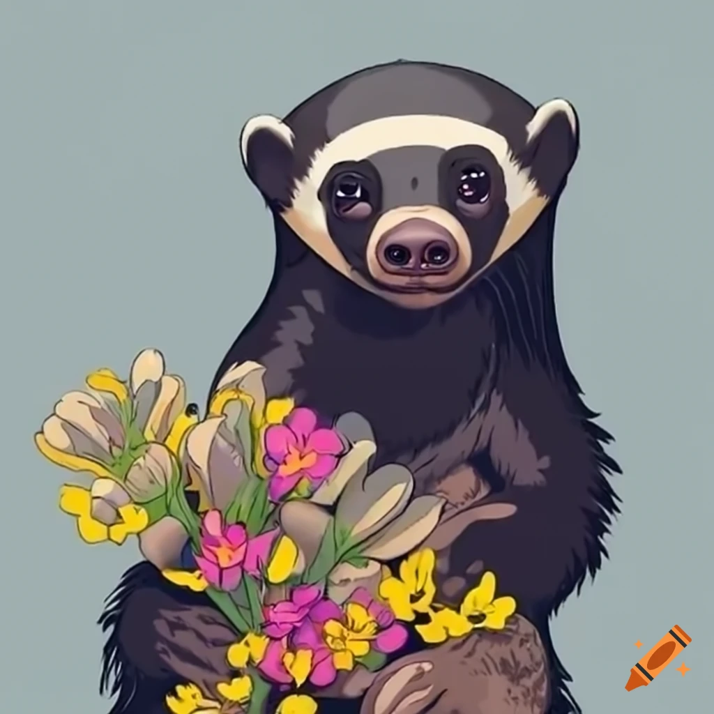 Irritated honey badger with iphone next to sloth arm holding flowers