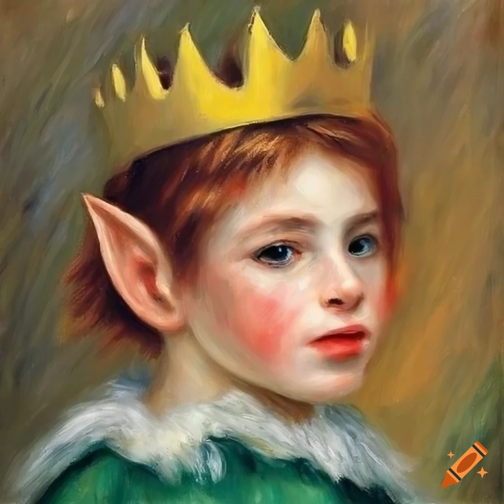 Elf boy with crown in renoir style oil painting