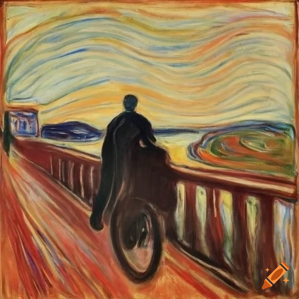 A man riding a motorcycle in the wind by edvard munch on Craiyon