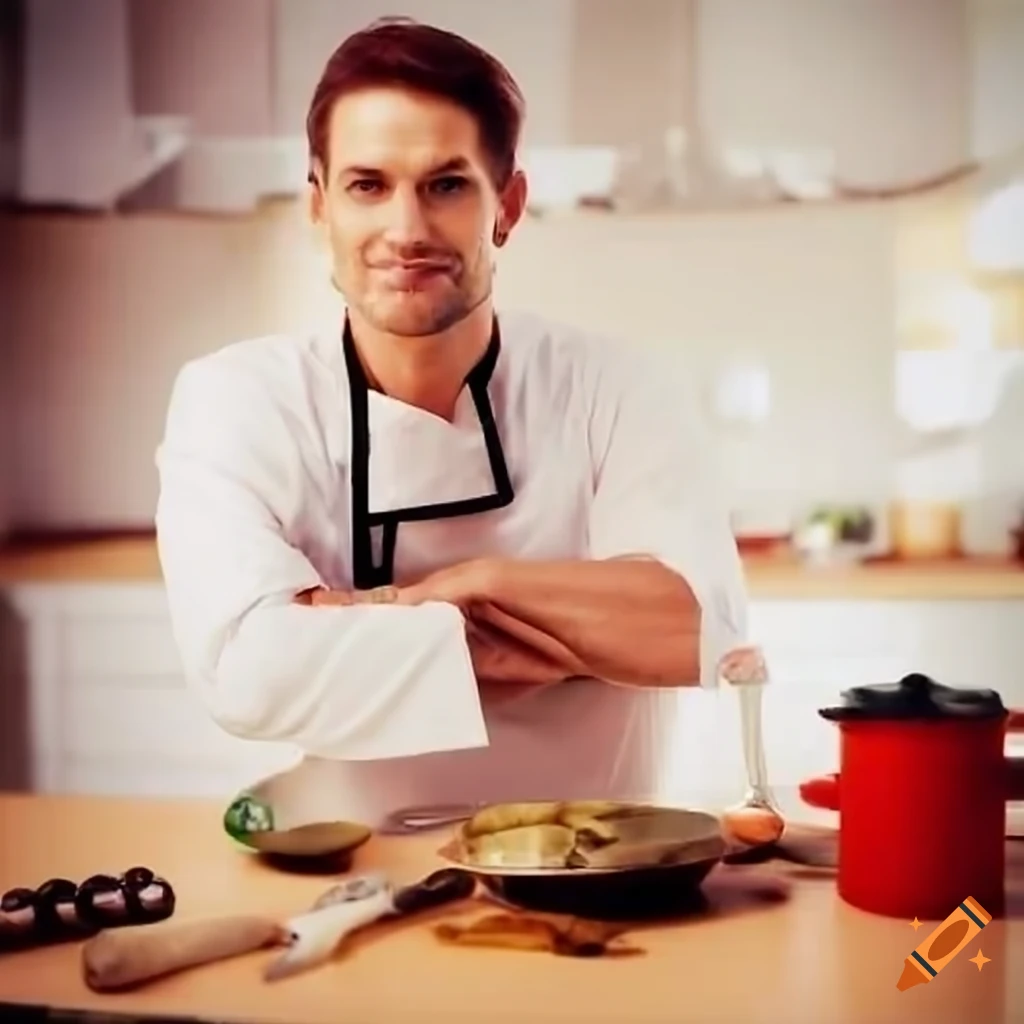 Handsome man, american chef, sitting, behind are kitchen utensils