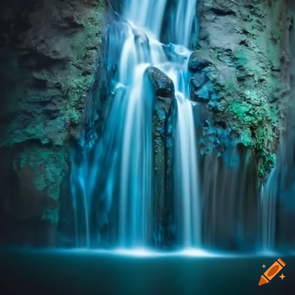 Blue waterfall with plastic buckets streaming down