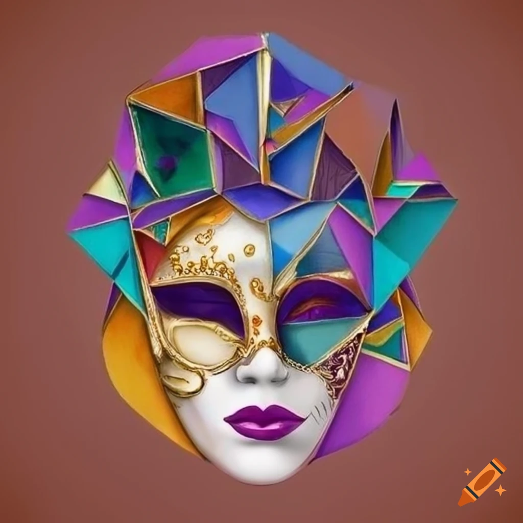 Venetian mask, cubism art style, as t-shirt motive, cubism art on Craiyon