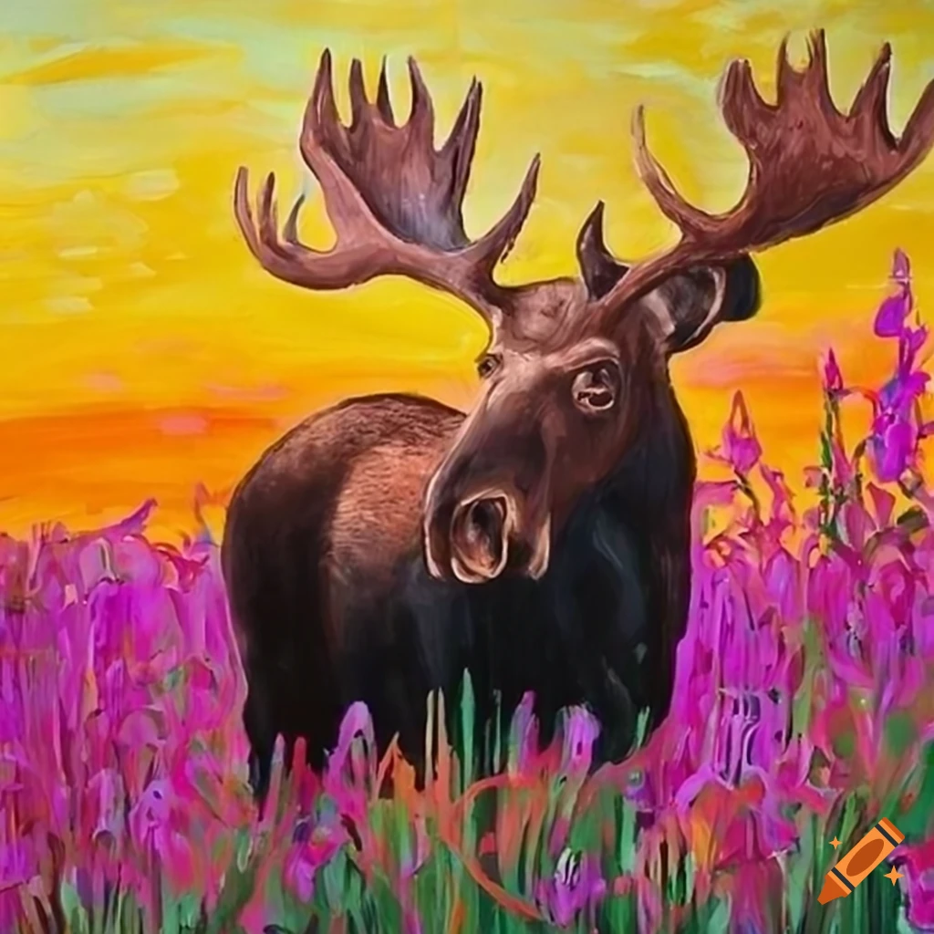 Moose in a field of fireweed acrylic painting on Craiyon