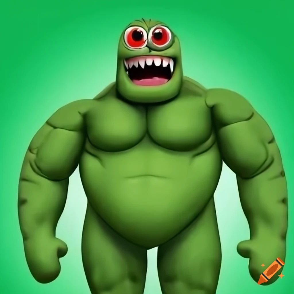 Big tall green monster with a big round head and bulgy black eyes with ...