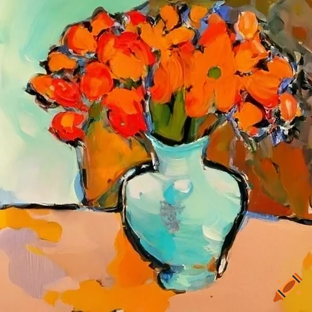 Flowers in a vase, on table, fauvism painting, no orange color