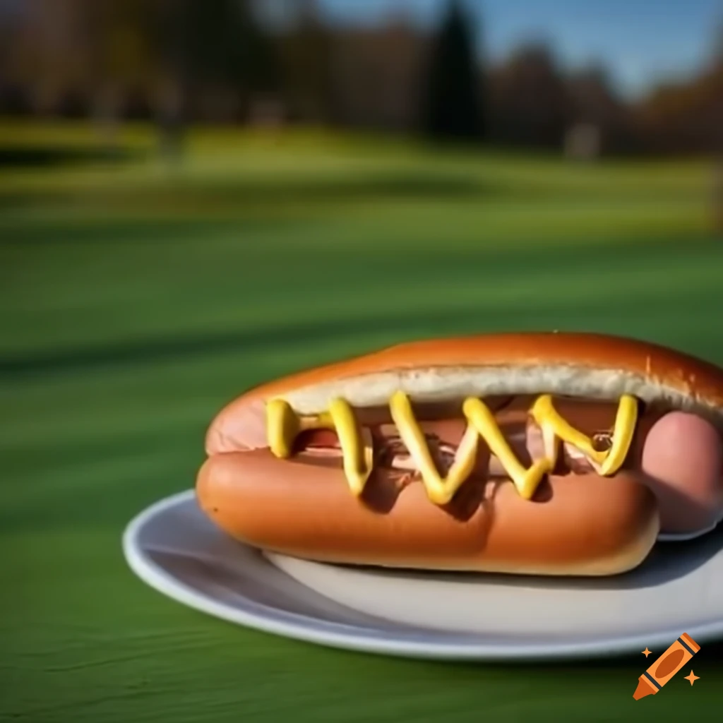 Hot dog on a golf course with a golf ball on Craiyon