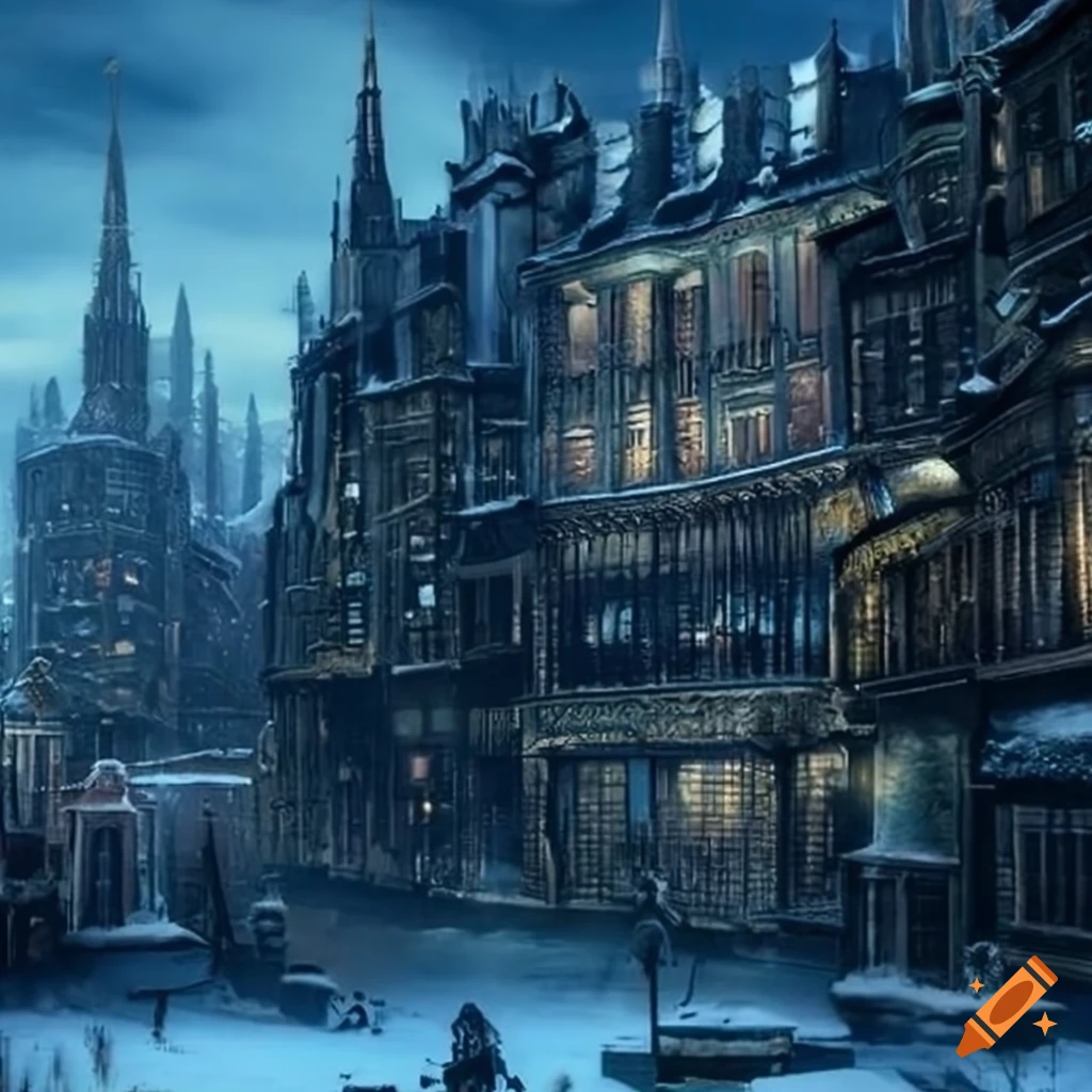 A fantastical steampunk cityscape in a winter wonderland on Craiyon