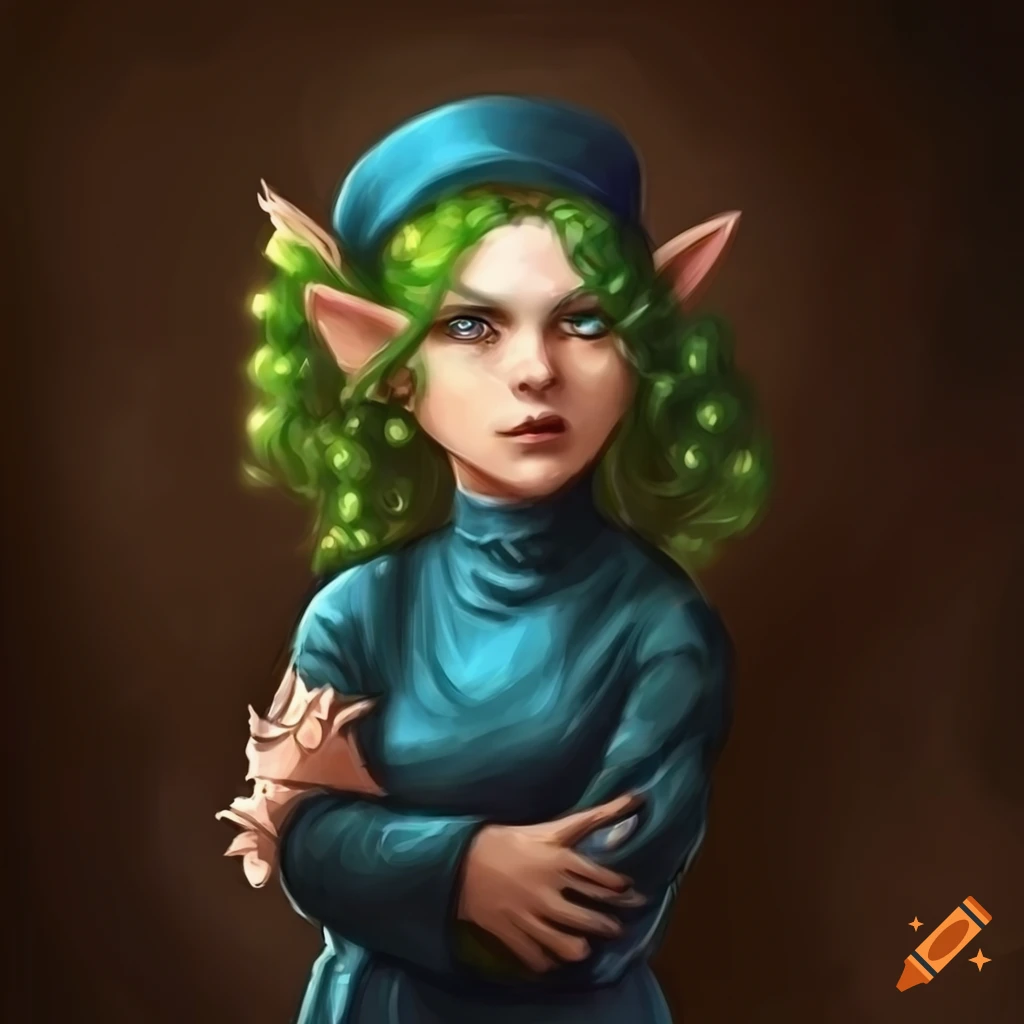 Dnd fantasy art gnome girl with blue suit and green curls conductor cap ...