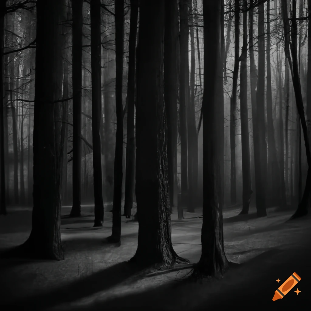 A dark black shadow forest with a cross in the middle on Craiyon