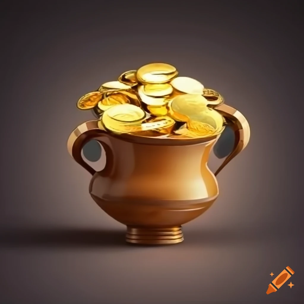 A gleaming pot overflowing with shiny gold coins on Craiyon