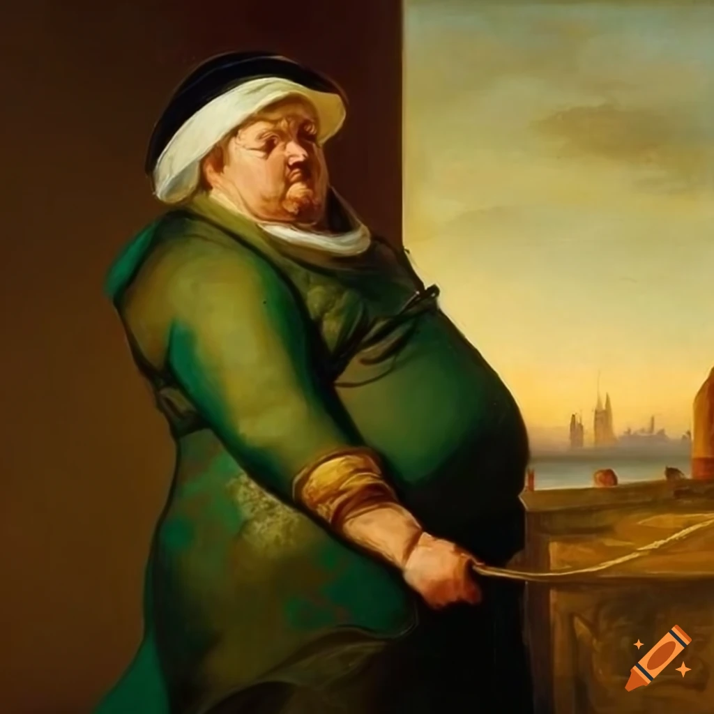 Fat man in green-gold overalls, he's a tightrope walker, left foot on ...