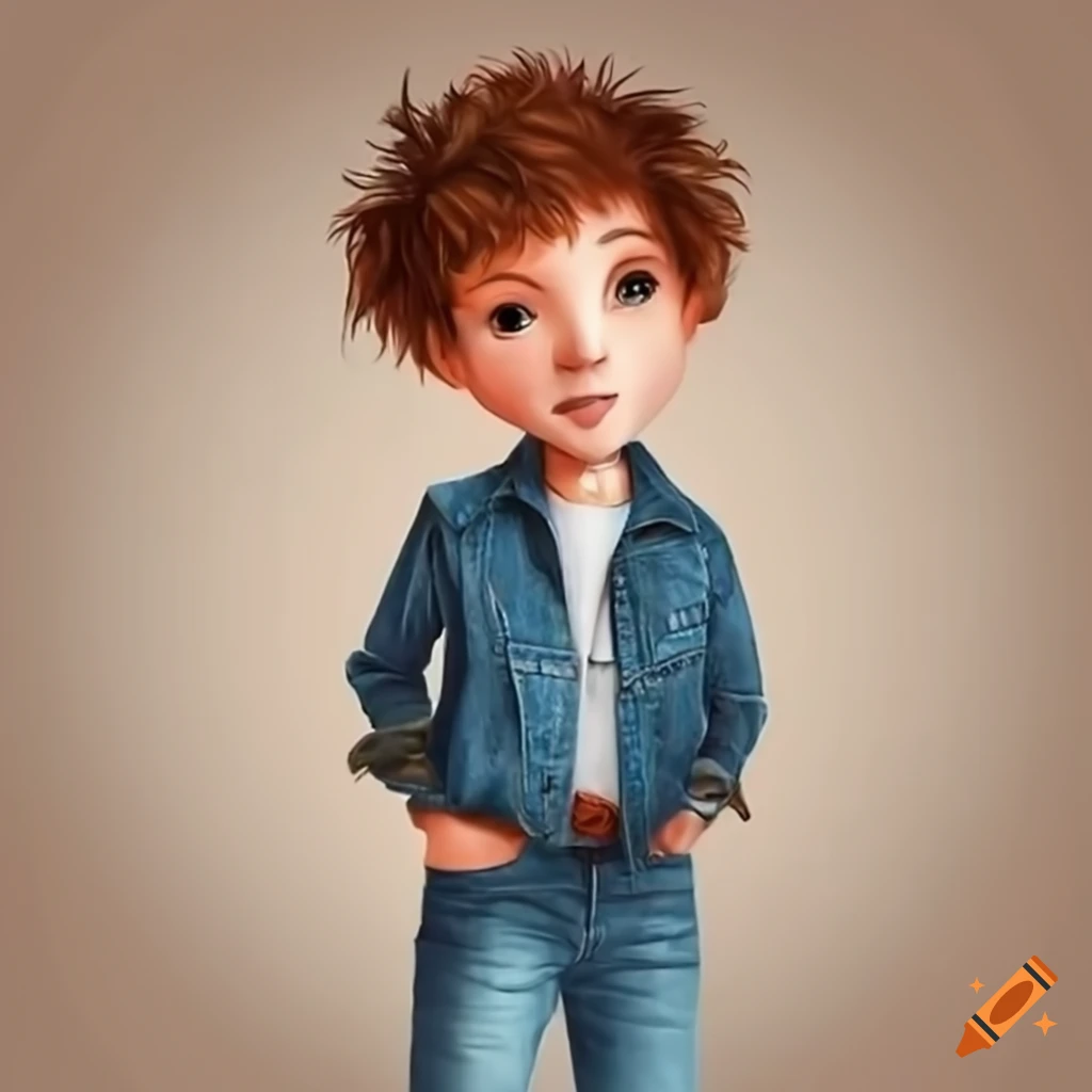 Boy full image disney style age 10 year in blue jeans and brown jacket