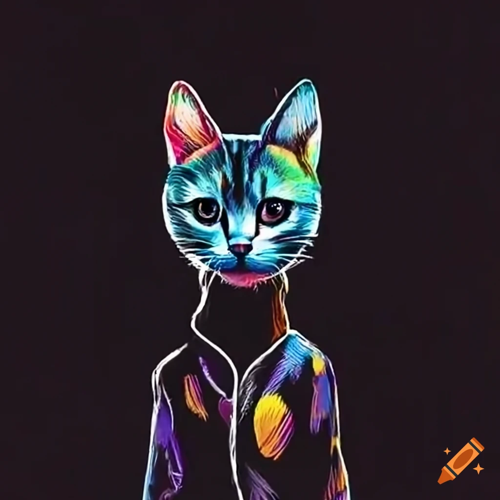 The cat is standing in a black tracksuit