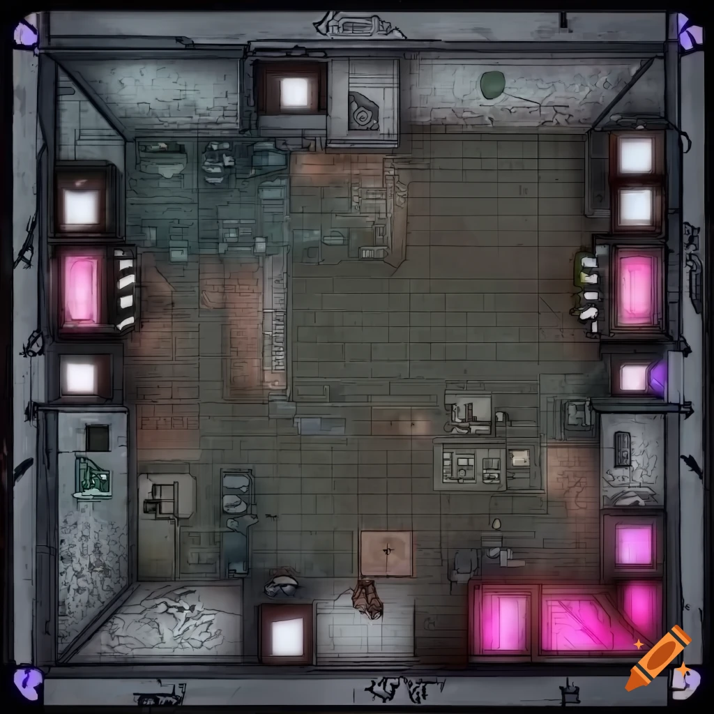 Create a top view map for TTRPG CyberpunkRED. It should be an empty ...