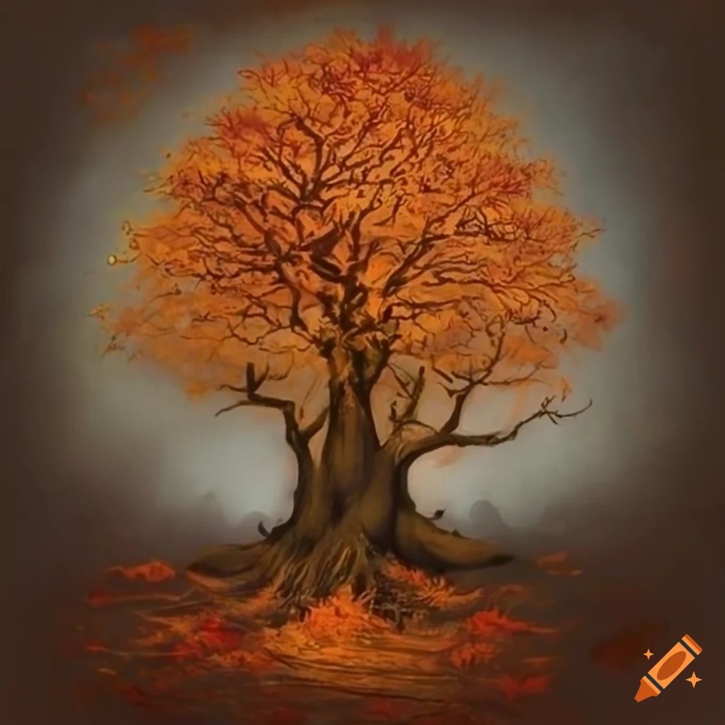 Autumn tree, medieval fantasy painting