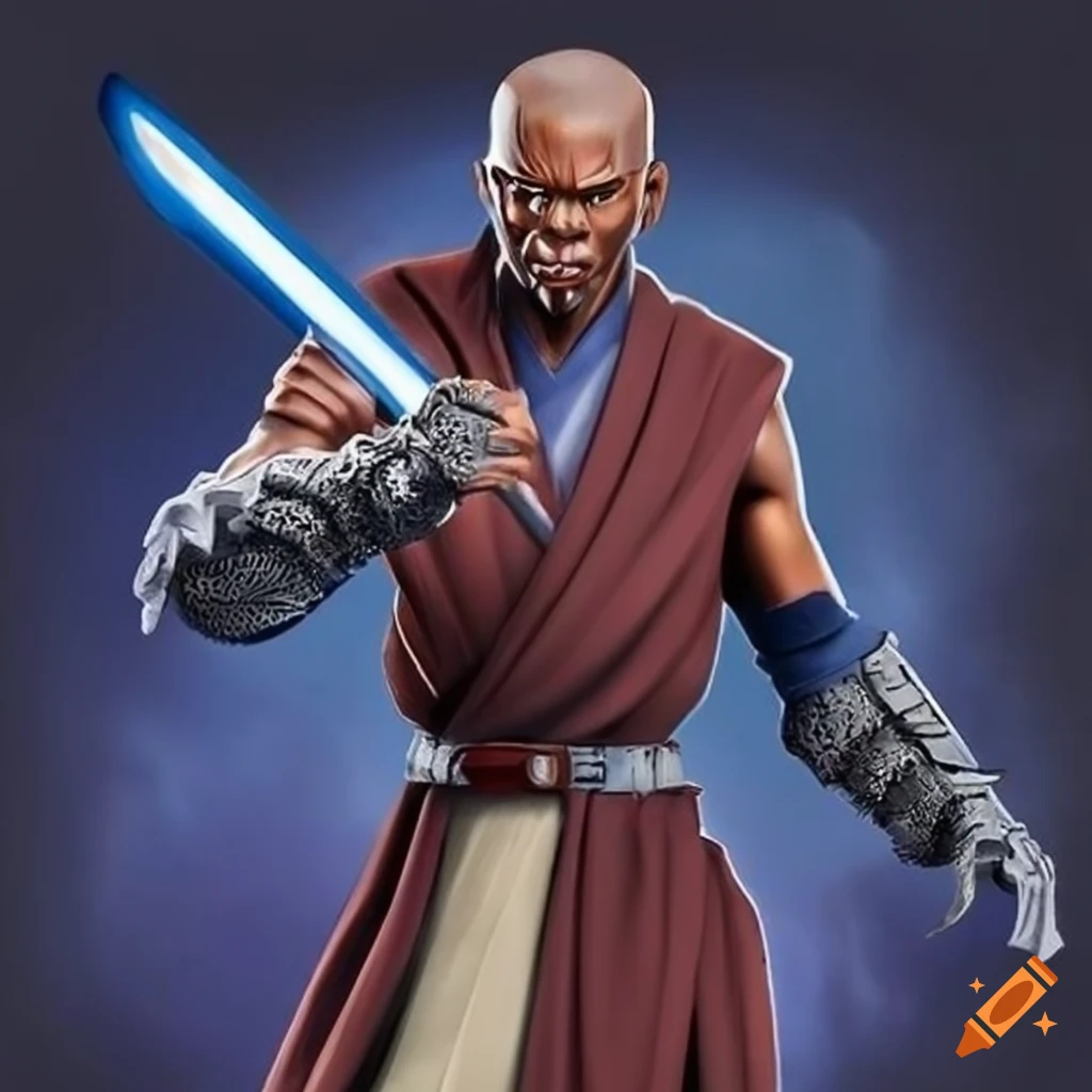 Akuma fusion Mace Windu as blue armor templar knight with sword on Craiyon