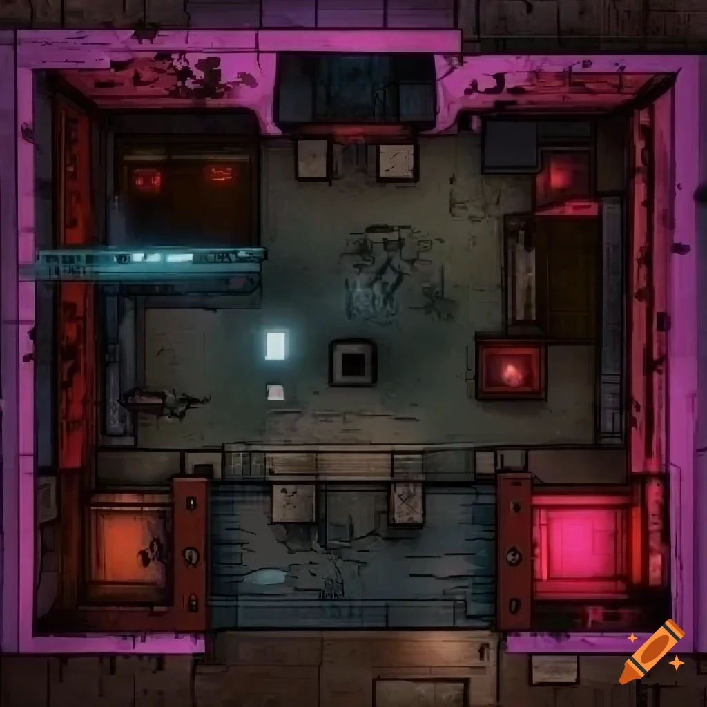 Create a top view map for TTRPG CyberpunkRED. It should be an empty Hazard house. In it is dark ...