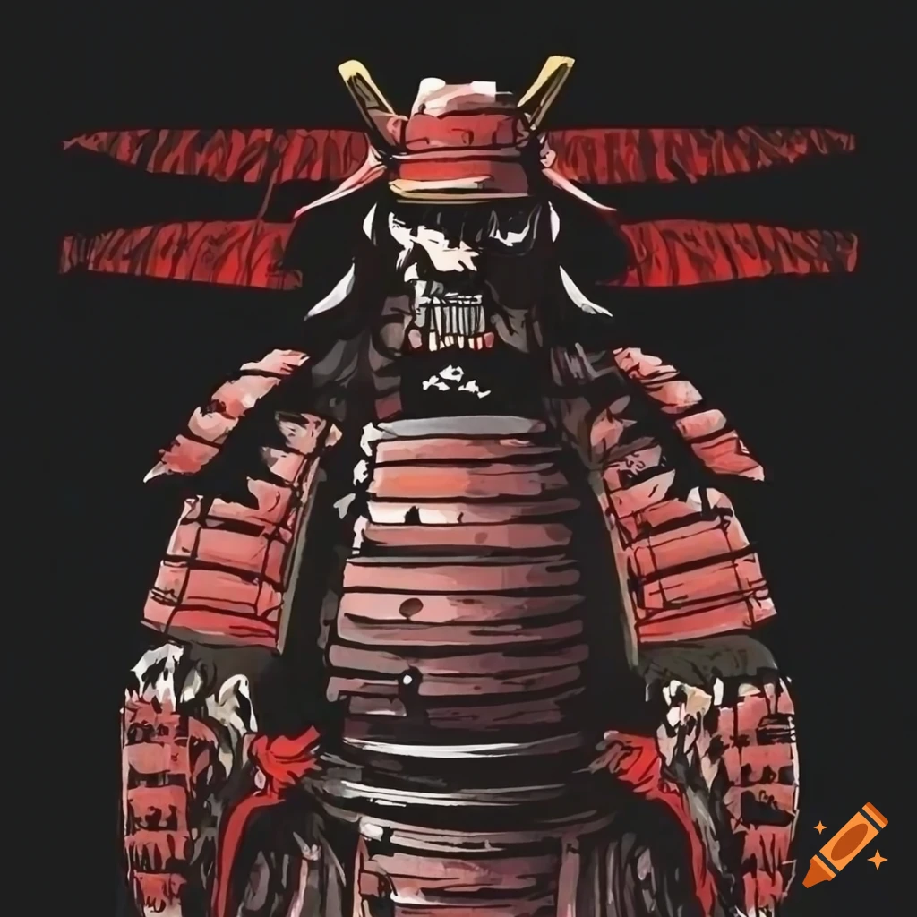 Ink drawing of an imposing samurai in full armour standing in a snowy ...