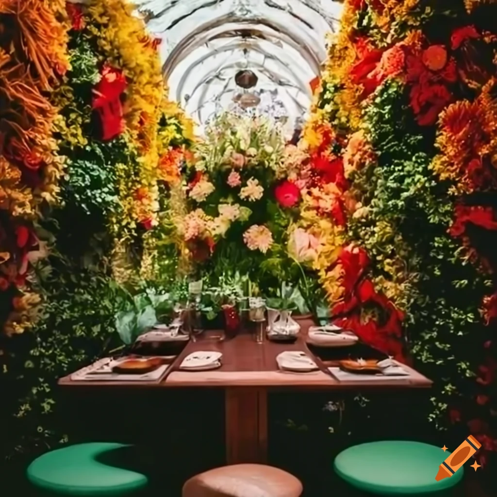 Une salle de restaurnat avec décoration de fleur, murs du restaurant ...