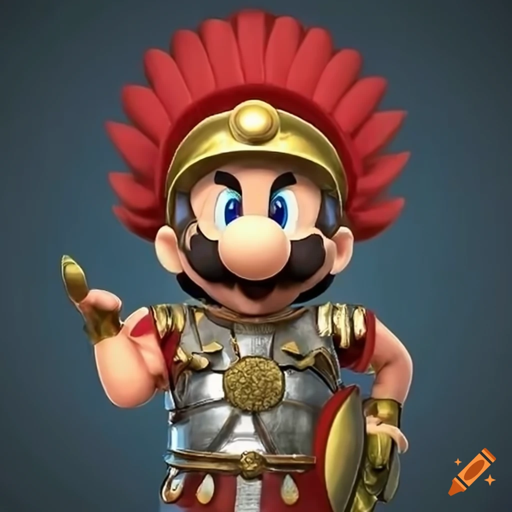 Super mario dressed as a roman general in aroman armor and helmet on Craiyon
