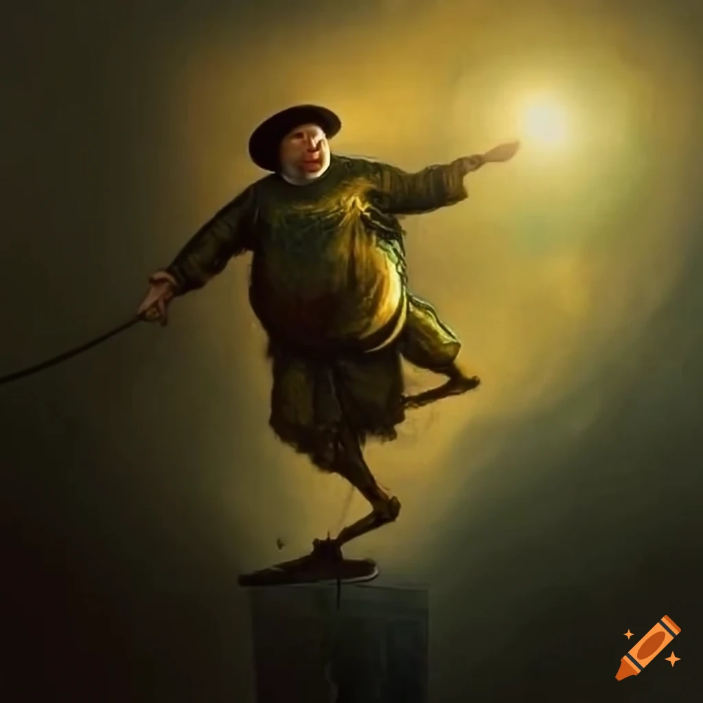 Fat man tightrope walker with green-gold overalls, balancing on the ...