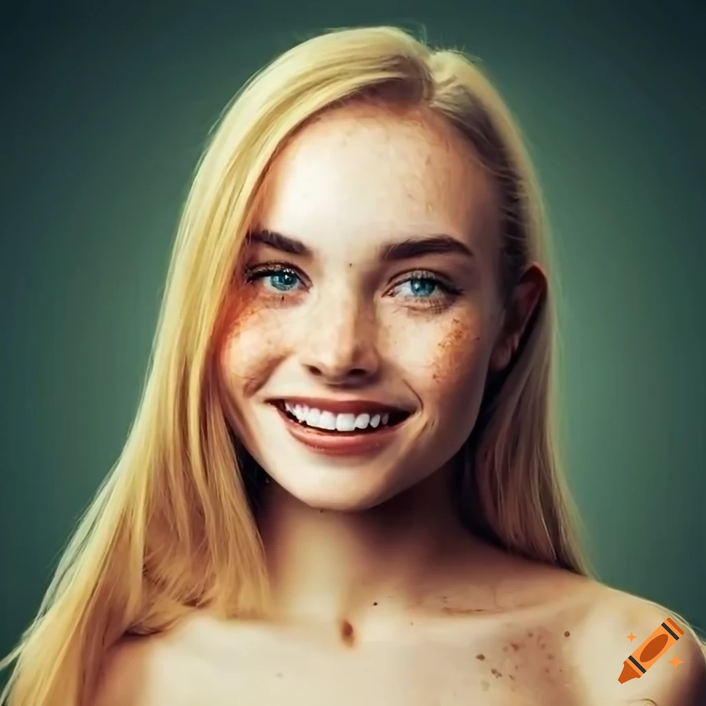 Beautiful young woman delicate freckles cheerful smile blonde hair