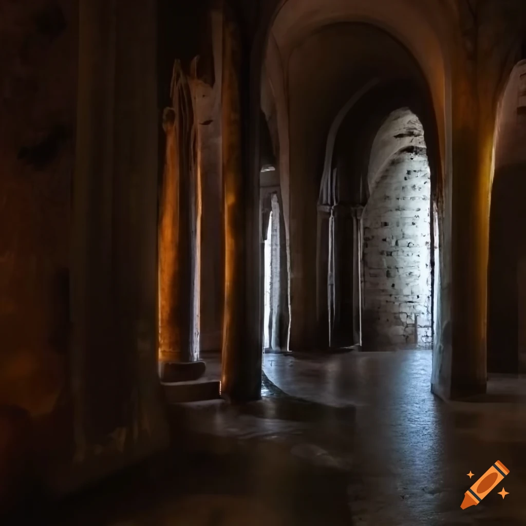 A dimly lit underground chamber series of halls and rooms. the walls ...
