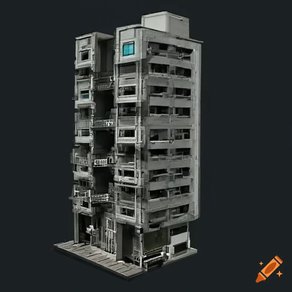 Detailed cyberpunk dystopian housing unit