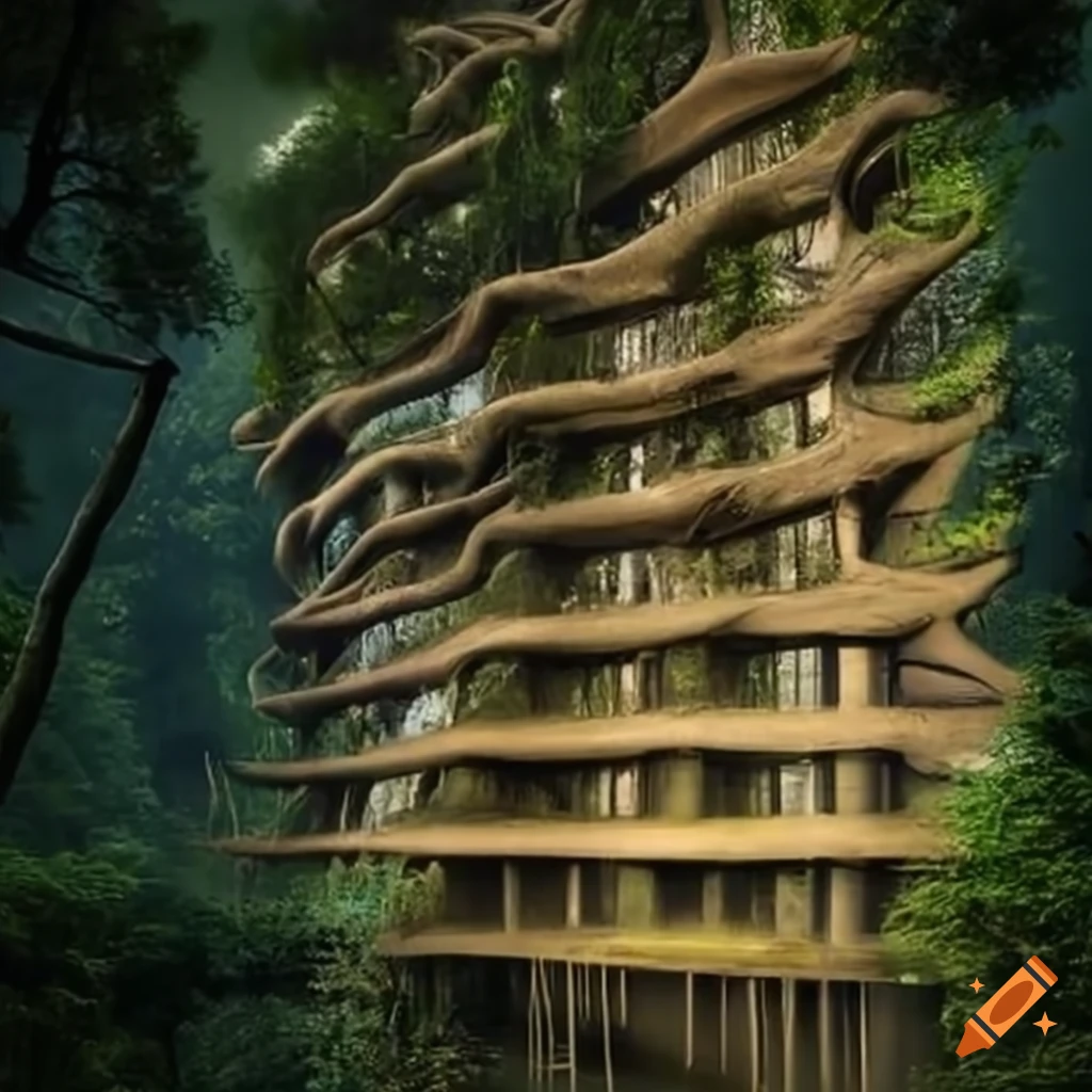Skyscraper grown from roots in forest
