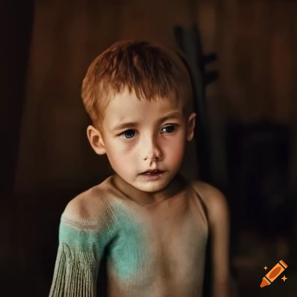 The image portrays a humble boy from a small countryside town, standing ...