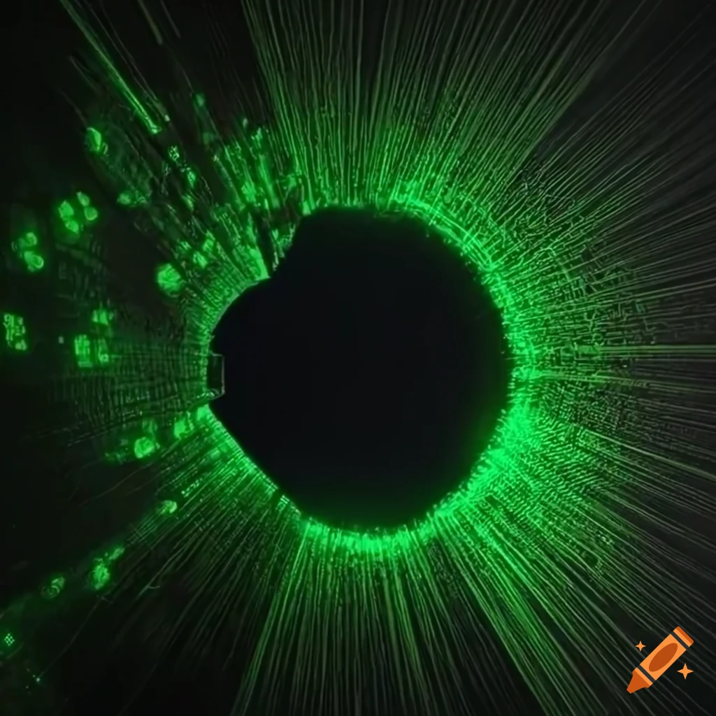 A black void with glowing green wireframes depicting a real-world scene