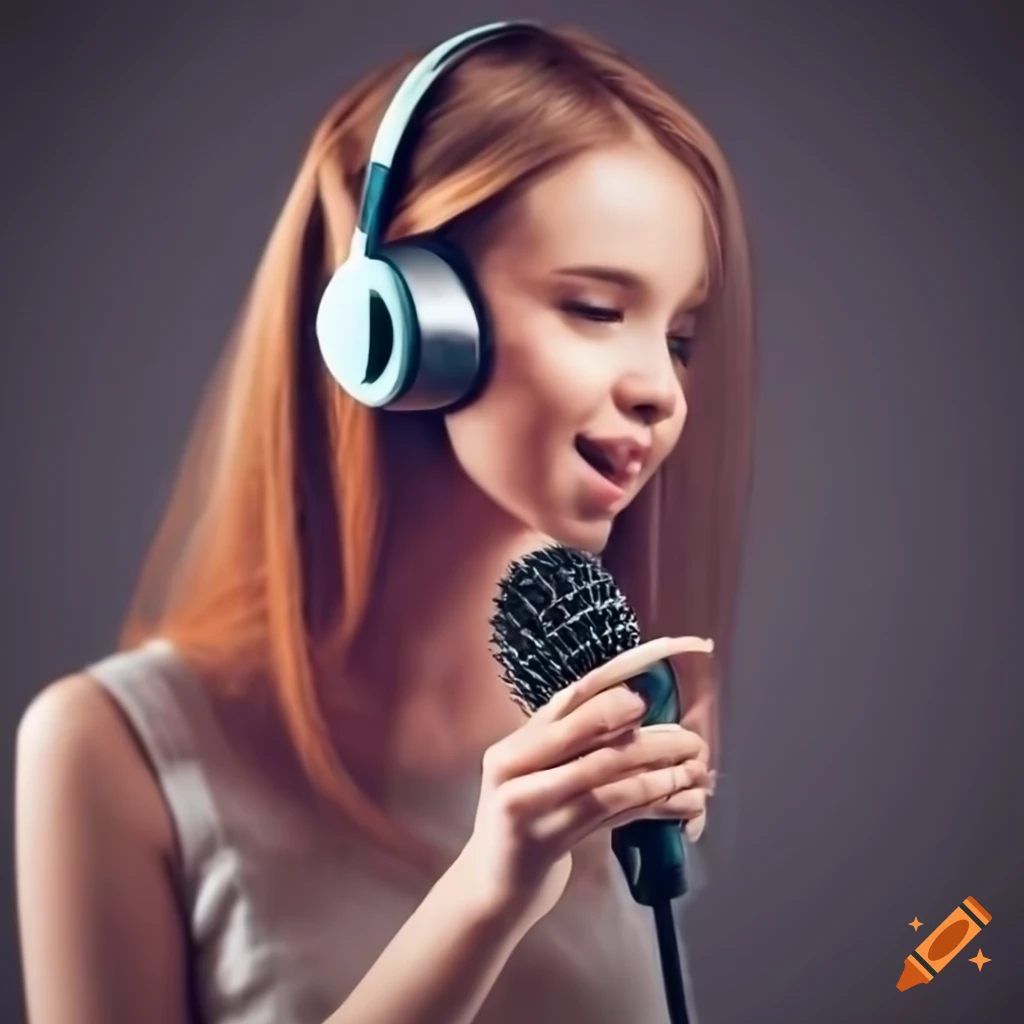 A beautiful girl holding a microphone in hands and wearing headphone on ...