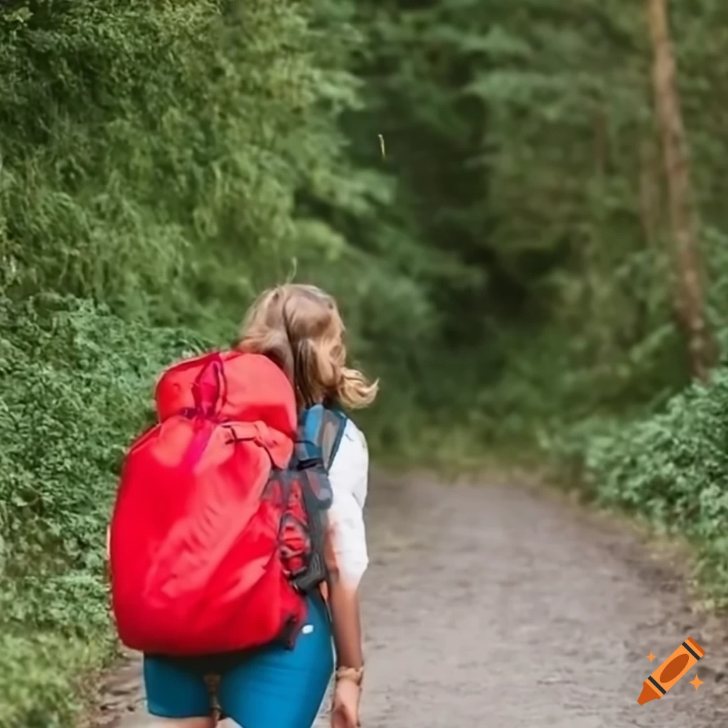 Female pilgrim with red backpack with a shell, an the way to santiago ...