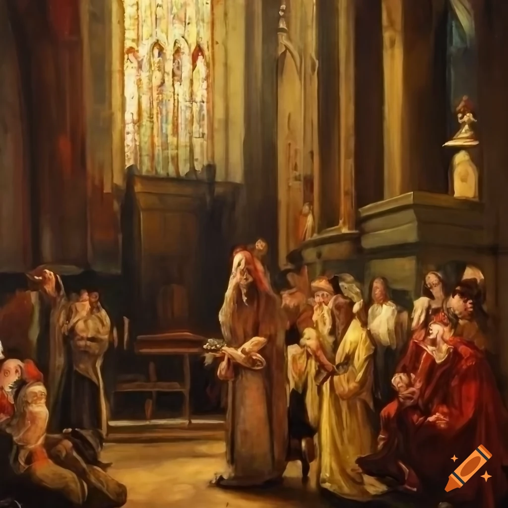 Oil painting entitled "condemnation in the cathedral". Peoples in the ...