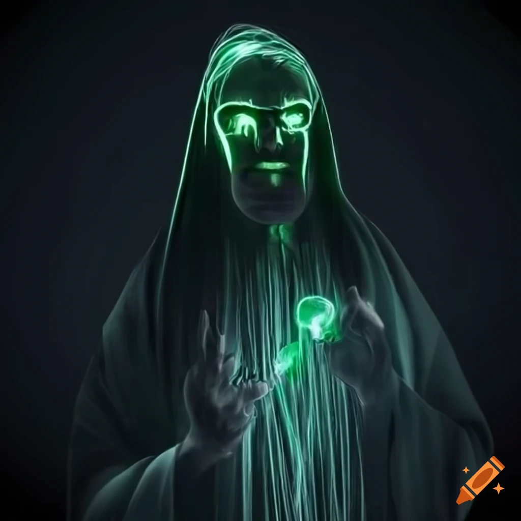 An inky black void with glowing green wireframes depicting a wise man ...