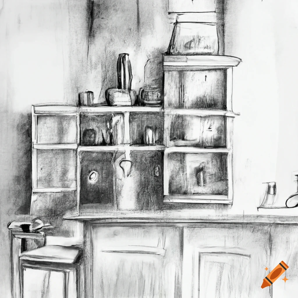 Detailed charcoal sketch of a semi-lit apartment kitchen bar