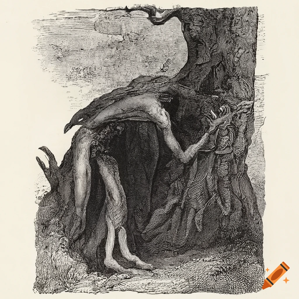 Demon born from a tree, detailed wood engraving by gustave doré