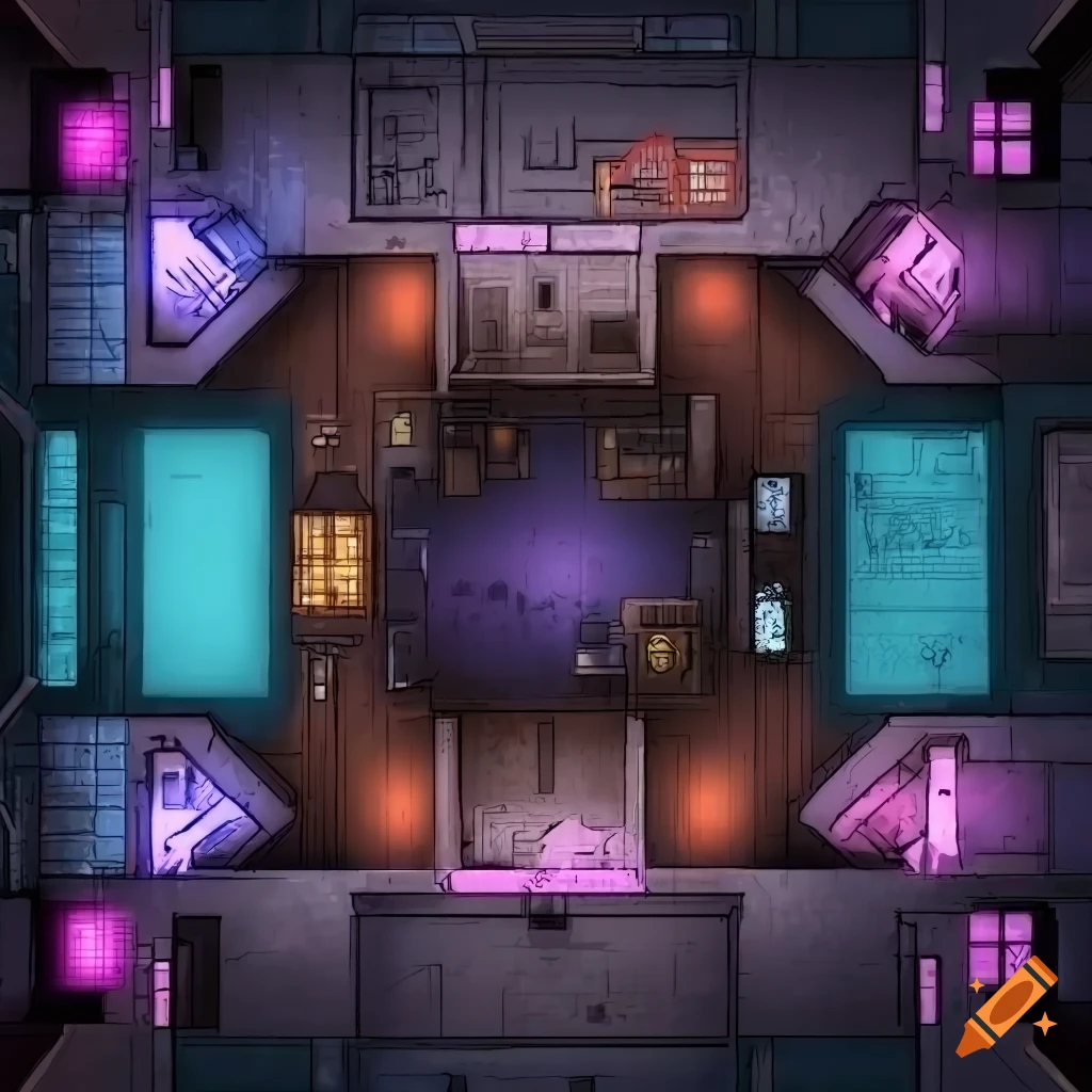 Create a top view map for TTRPG CyberpunkRED. It should be an empty ...