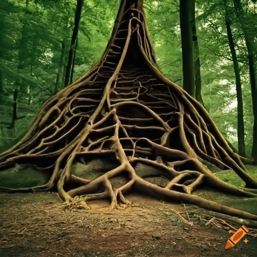 Building made of roots in forest on Craiyon