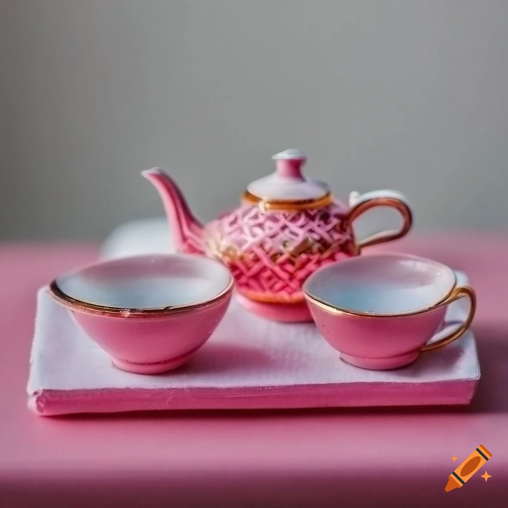 A mini tea set on a pink mini table, pink colors, diorama, miniature ...
