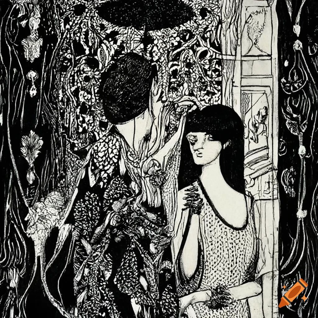 Closeup complex scene by Donn P Crane and Aubrey Beardsley on Craiyon