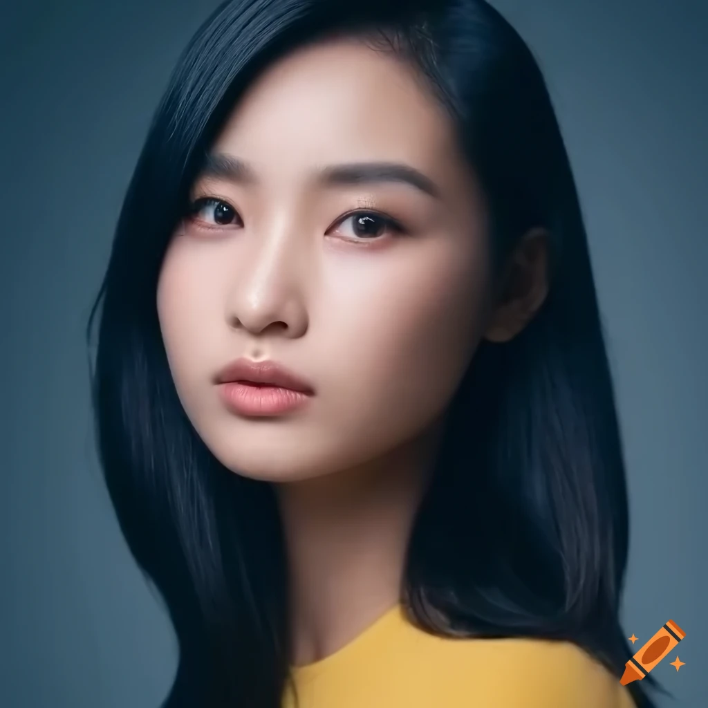 A photo portrait of a asian female supermodel wearing yellow t-shirt ...
