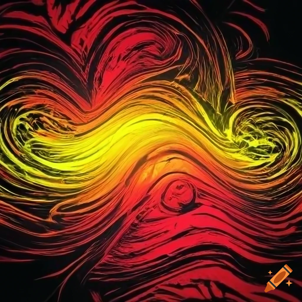 Abstract scratched design in vibrant yellow-red on black background on ...