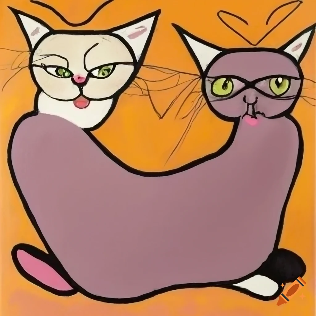 Two cats, silly, abstract art, light tones