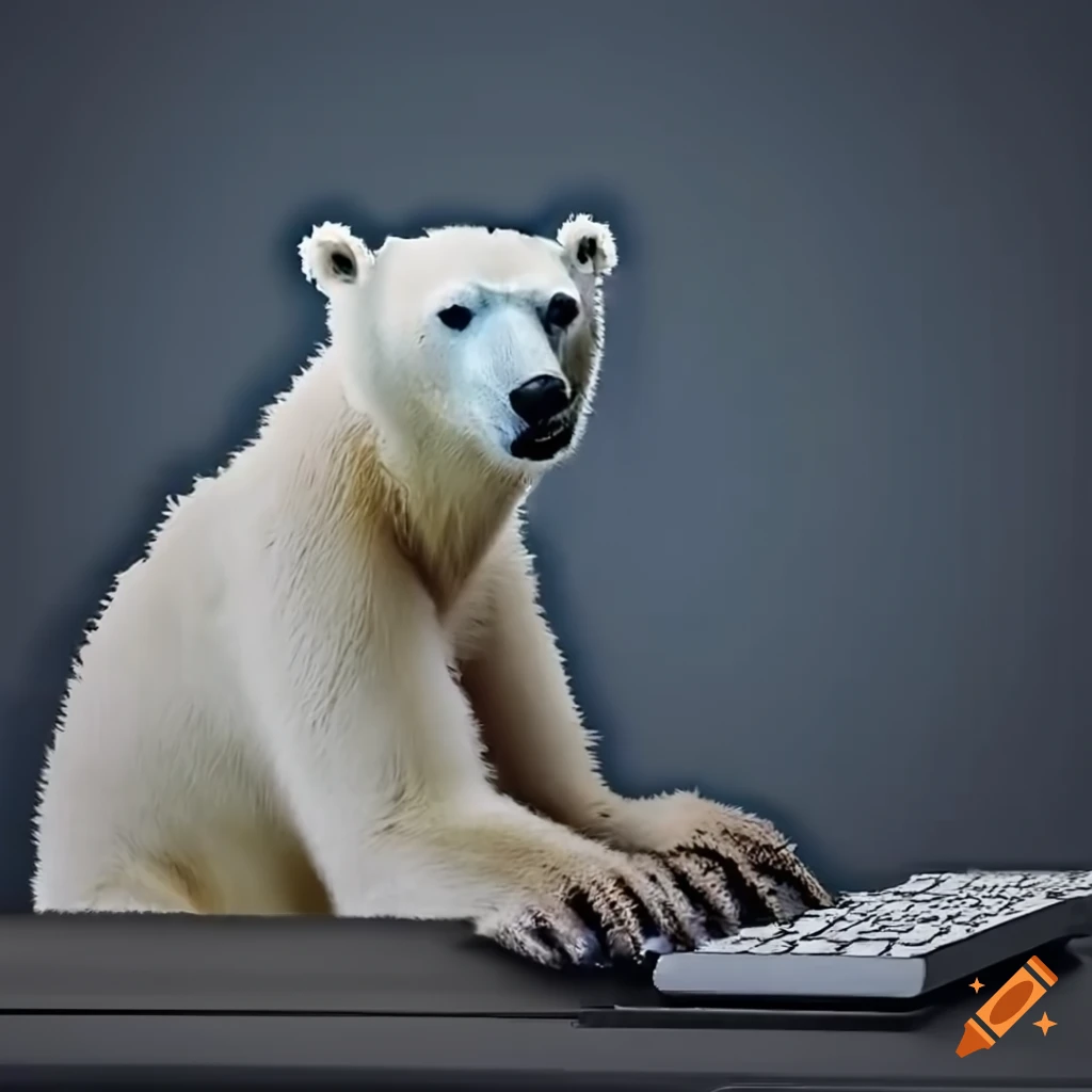 Polar bear with pixel shades typing on a keyboard realistic