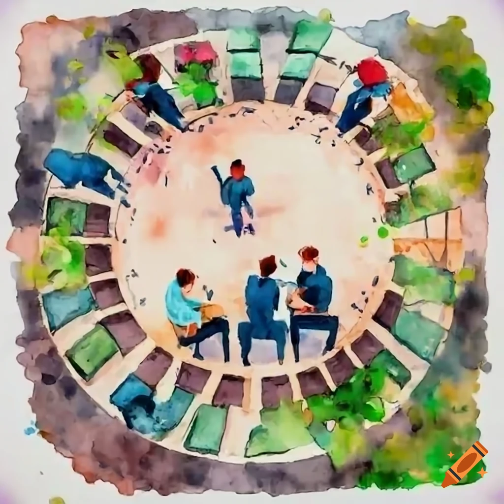 A group of colleagues having conversation in a circular sitting bench ...