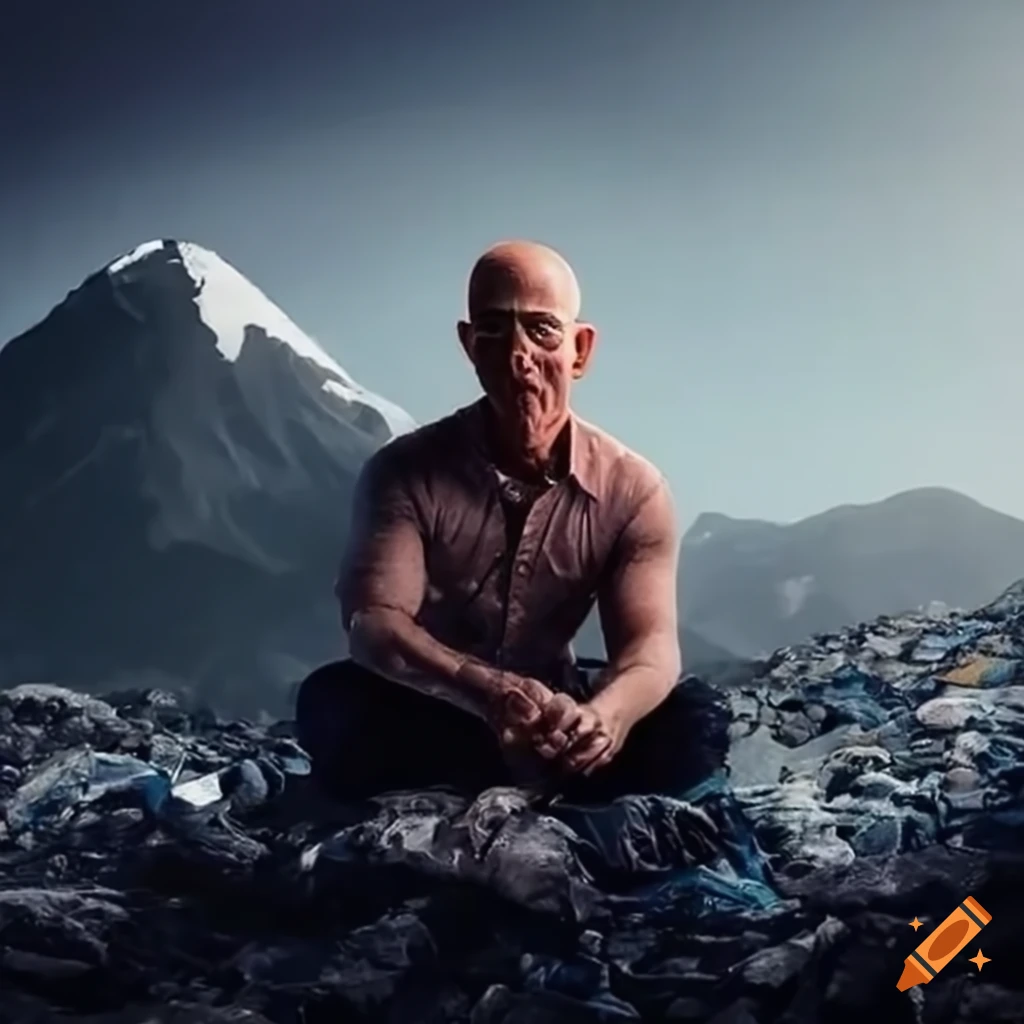 Photo of Jeff Bezos sitting in front of a waste mountain and crying on ...