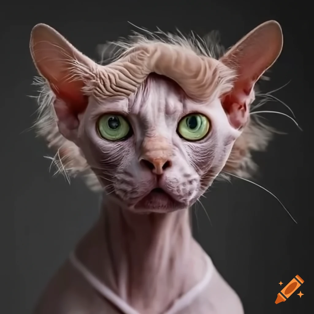 Una foto hiperrealista de un gato sphinx llevando una peluca de pelo ...